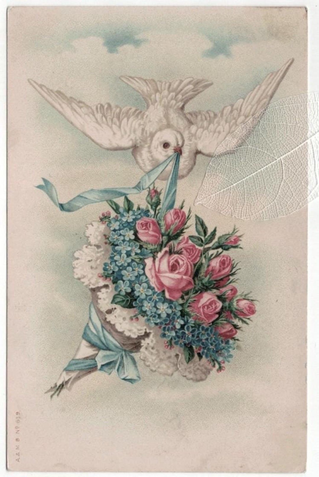 1908 White DOVE Delivering ROSE and Blue FORGET Me Not Flower Bouquet ...