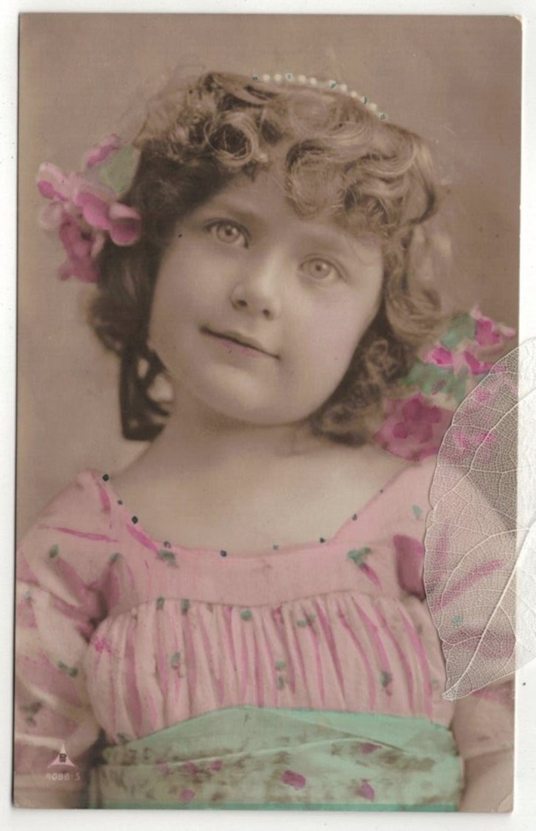 C 1908 Pretty Little Girl in Pink Dress & Pearly Headband Antique ...