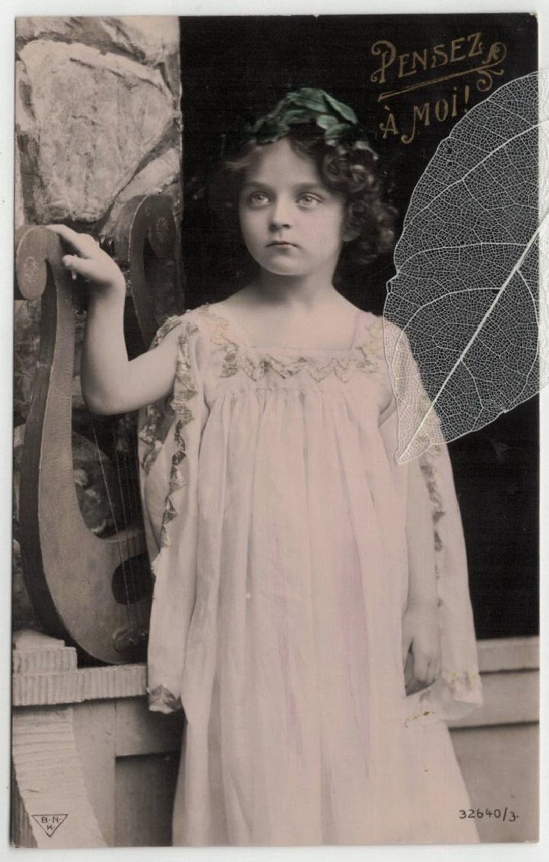 Early 1900s Pretty Girl With LYRE and Leaf Wreath on Head Antique Photo ...