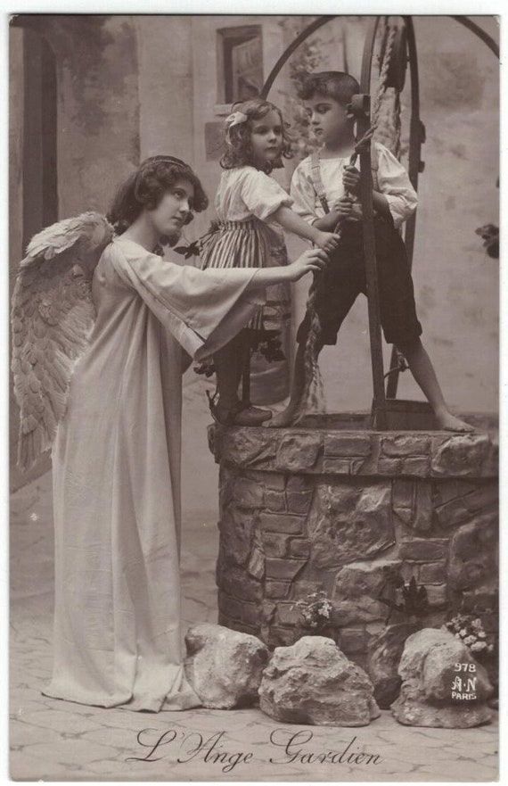 Edwardian Guardian Angel Watching Over Little Girl and Boy - Etsy