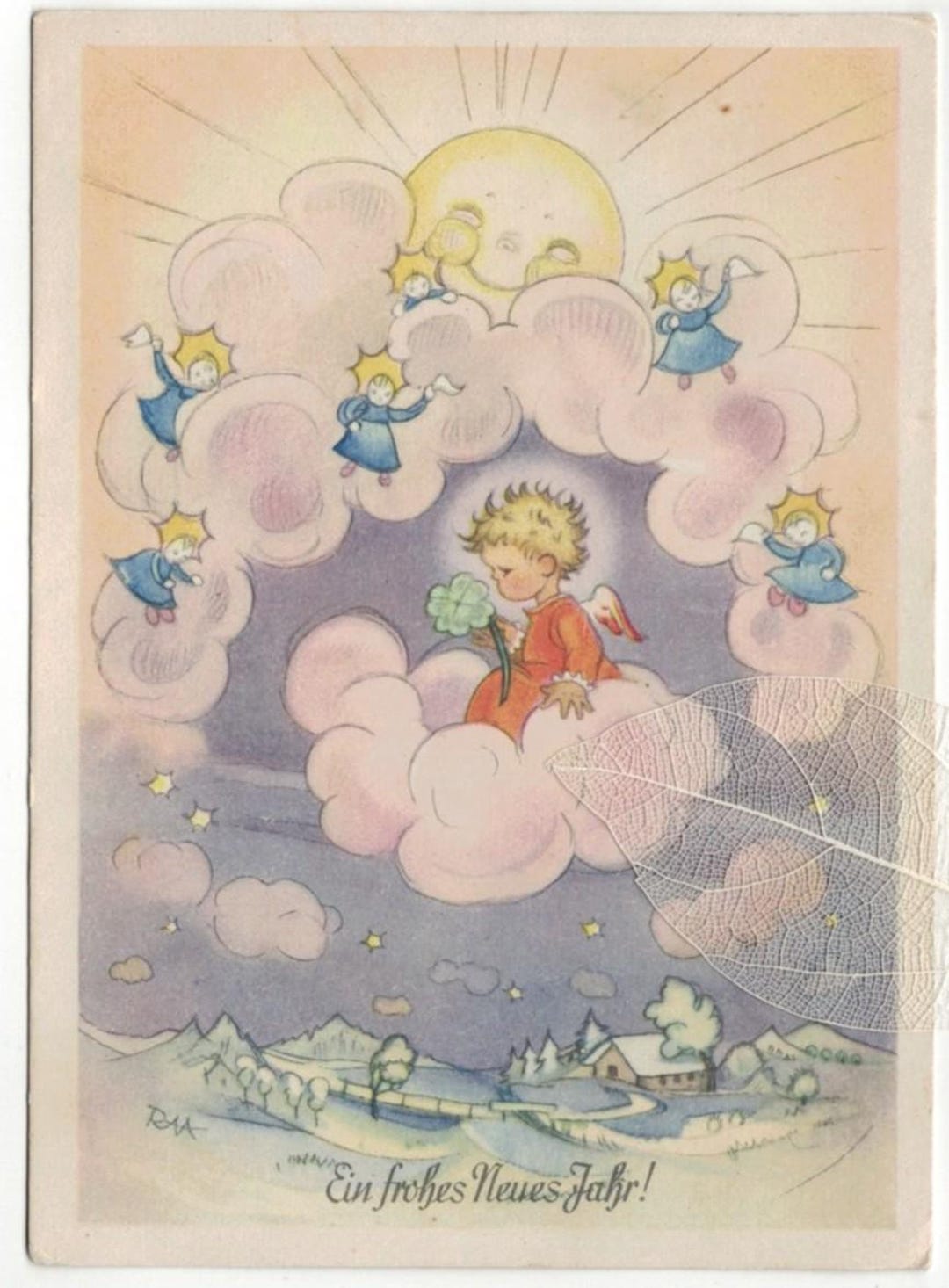Unused 1940s Charlotte BARON New Year Baby Arrives on Cloud CONTINENTAL ...