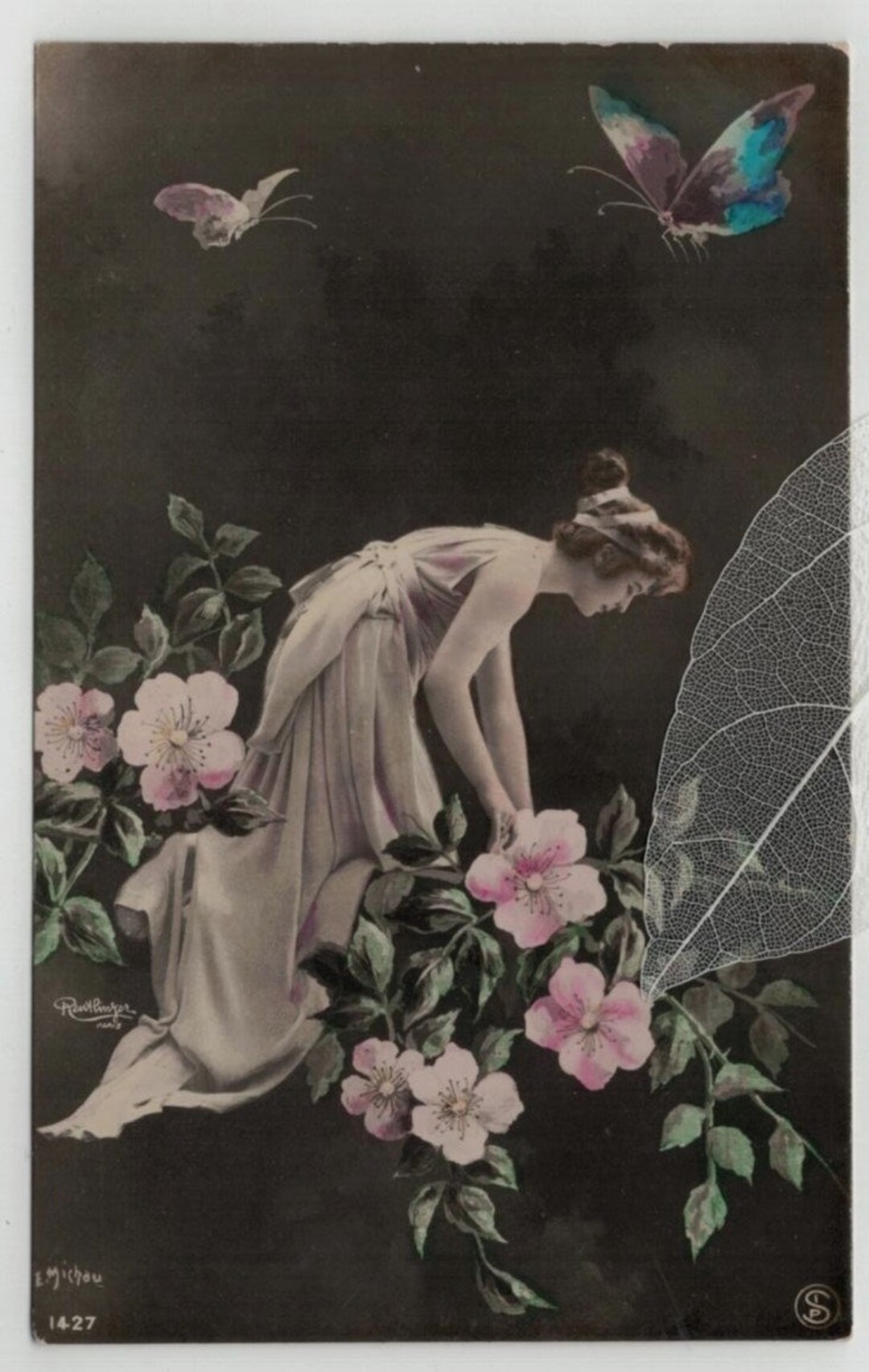 UNUSED C 1907 Art Nouveau Era Beauty With PINK Flowers and BUTTERFLIES ...