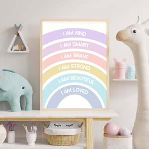 Rainbow Affirmations Wall Art, Pastel Positive Affirmations for Kids ...