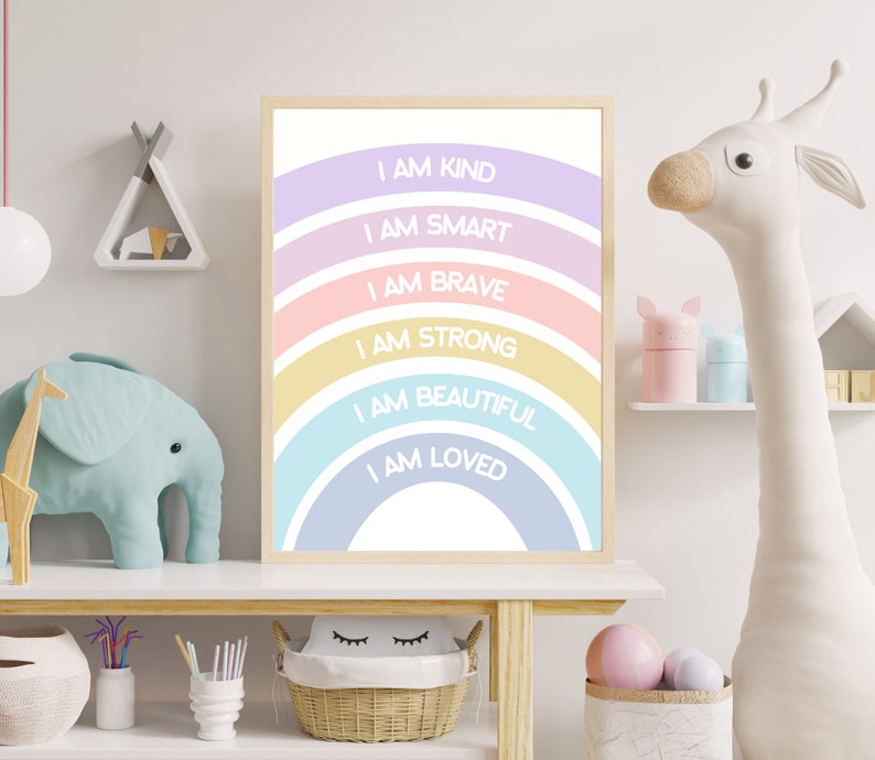 Rainbow Affirmations Wall Art, Pastel Positive Affirmations for Kids ...