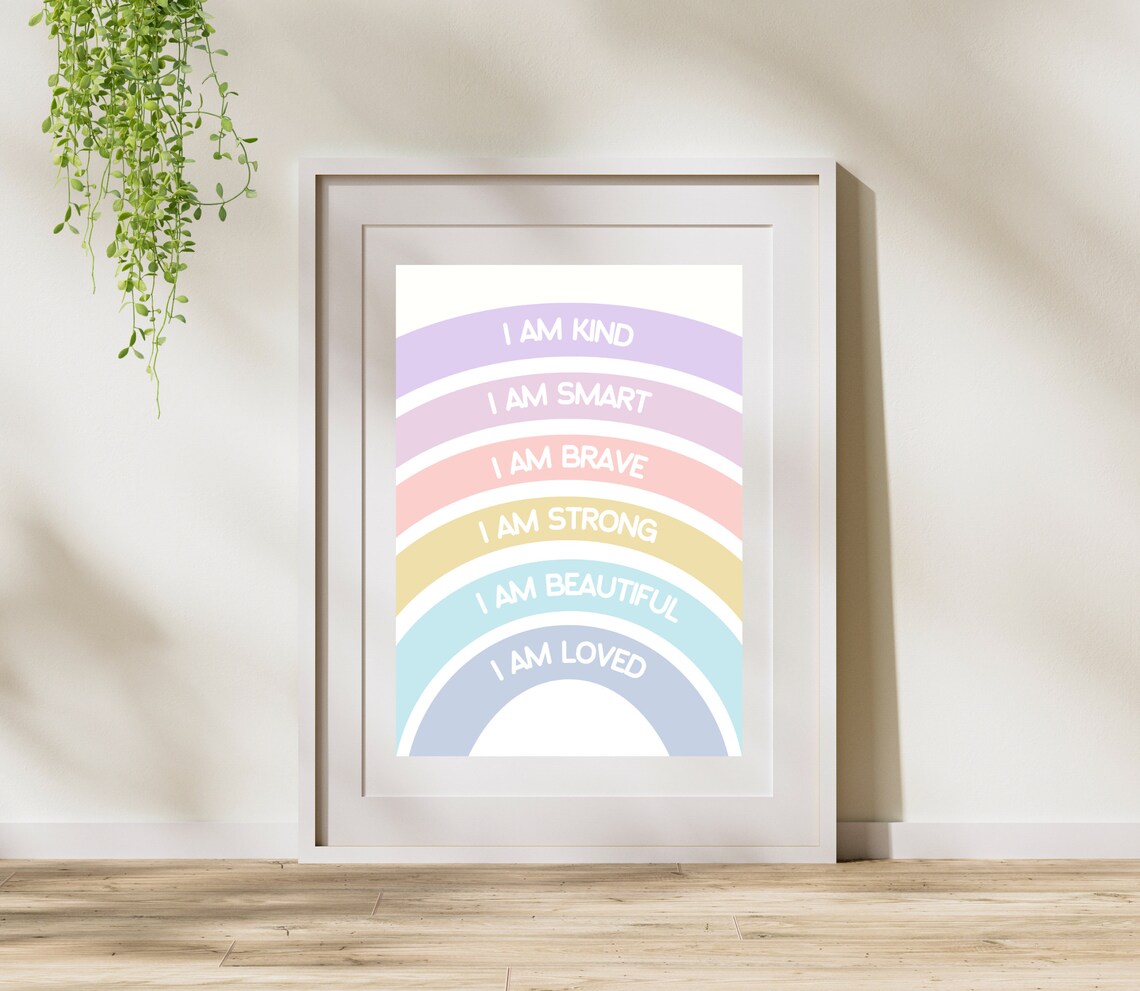 Rainbow Affirmations Wall Art, Pastel Positive Affirmations for Kids ...