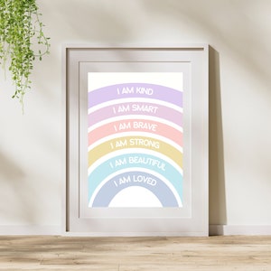 Rainbow Affirmations Wall Art, Pastel Positive Affirmations for Kids ...