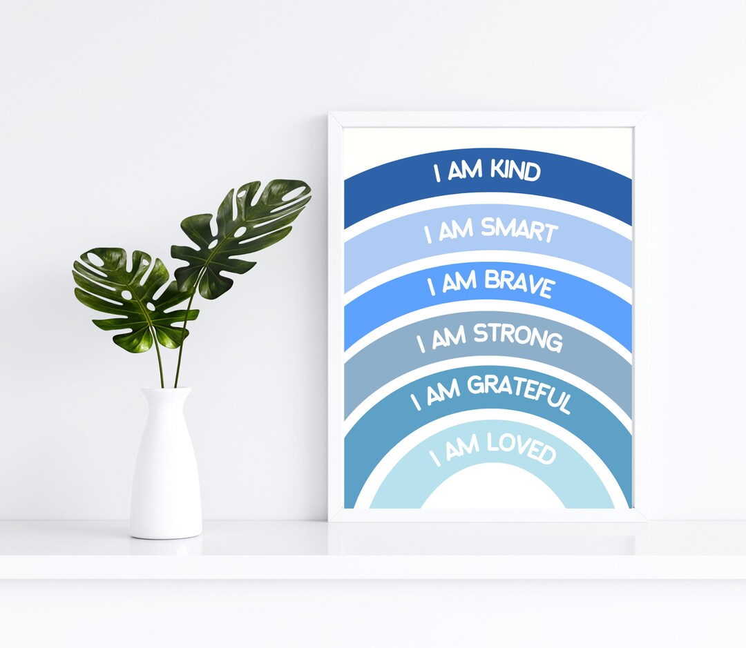 Rainbow Affirmations Wall Art, Shades of Blue, Positive Affirmations ...