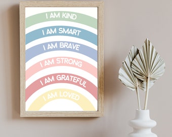 Rainbow Affirmations Wall Art, Pastel Positive Affirmations for Kids ...
