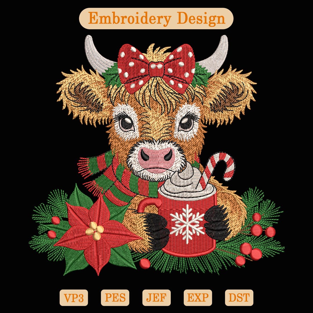 Embroidery Christmas Highland Cow Designs, Christmas Cow Embroidery ...