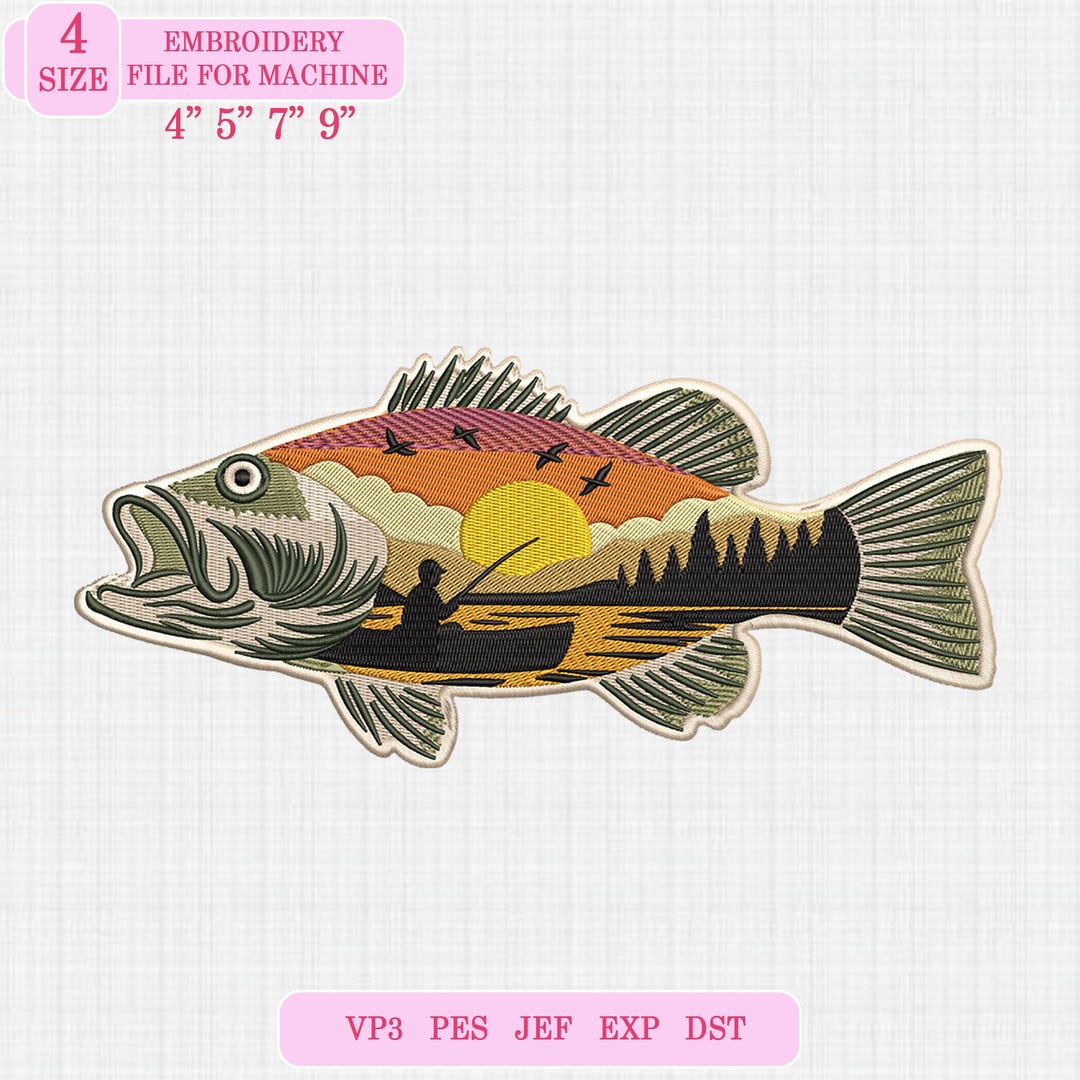 Largemouth Bass Fish Embroidery Design, Embroidered Fishing Scene, Lake ...