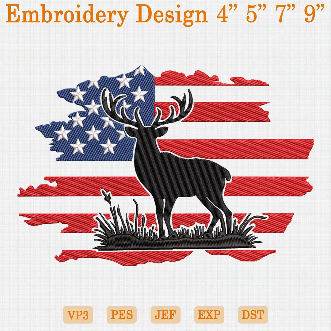Deer Hunting Embroidery Design, Hunting American Flag Embroidered File ...