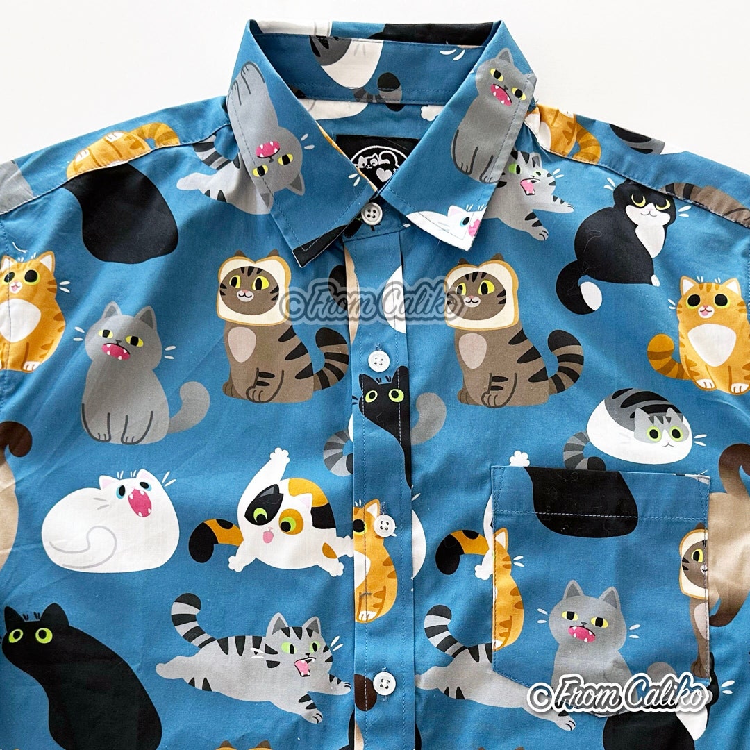 Multi-color Cat Print Cotton Button-up Shirt - Etsy
