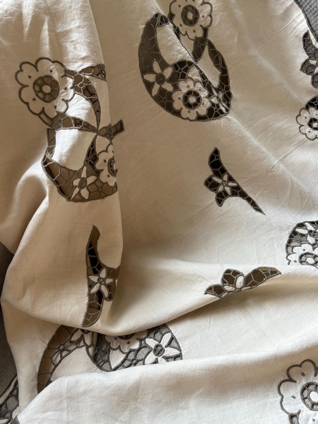 Antique Linen Cutwork Tablecloth – 1920s Hand Embroidered Floral ...