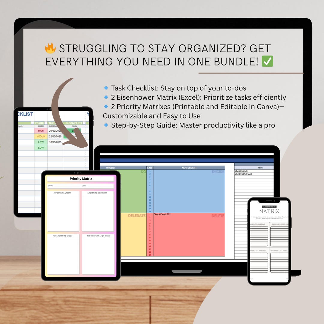 2 Excel Eisenhower Matrix & Printable Editable Canva Priority Matrix ...