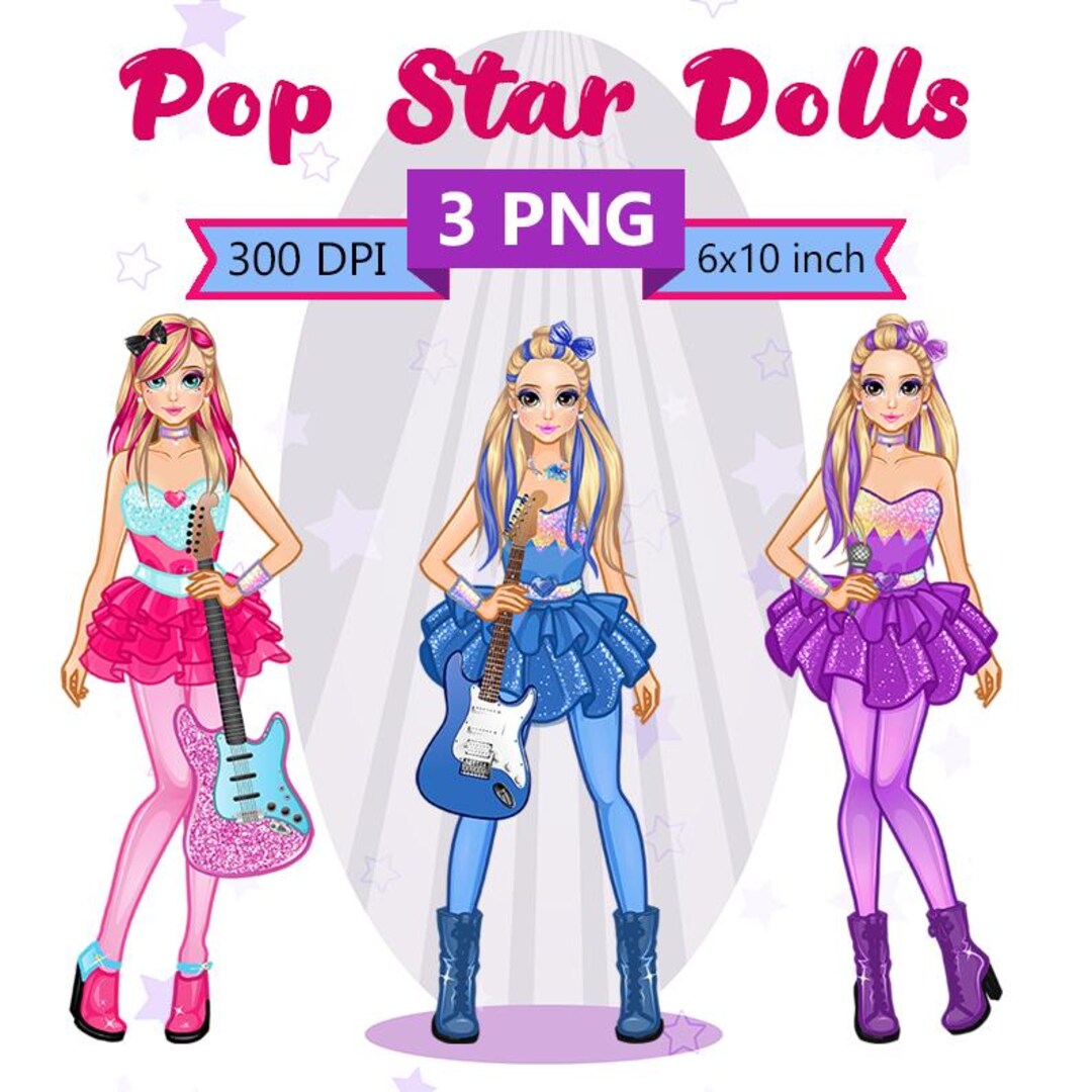 Rockstar Girl Clipart Set – Pop Star Dolls With Guitars – 3 Pngs - Etsy