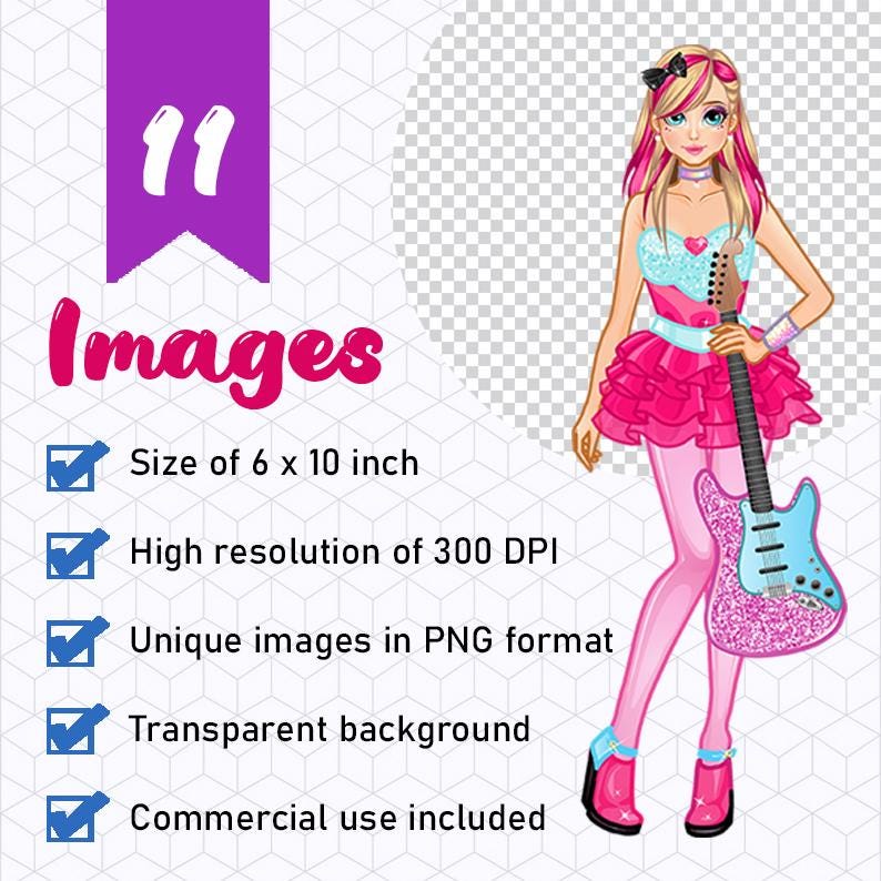 Rockstar Girl Clipart Set – Pop Star Dolls With Guitars – 3 Pngs - Etsy