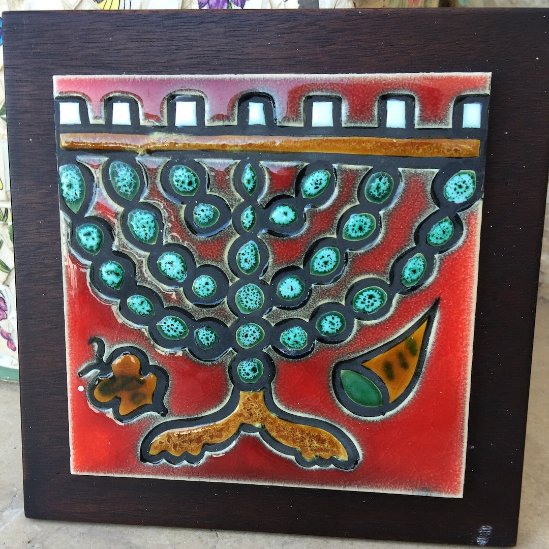 Menorah Ceramic Tile Made in Israel Hand Painted Tile on Wood Souvenir ...