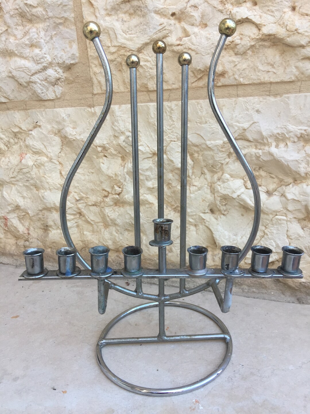 Vintage Modern Design Menorah Shape of King David's Harp Silver Judaica ...