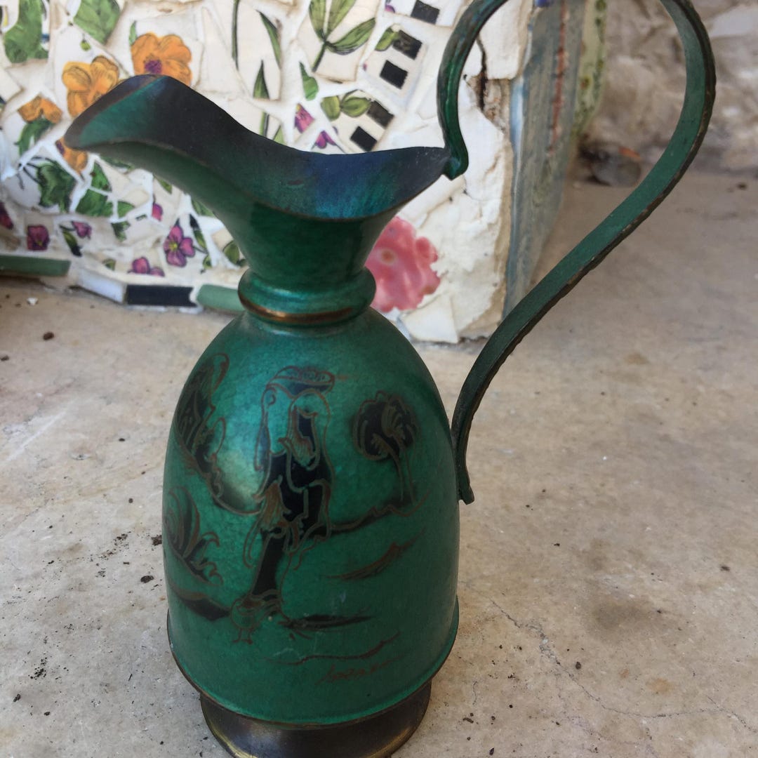 Vintage Israeli Enamel Pitcher: Brass, Hand Painted Oppenheim Judaica ...