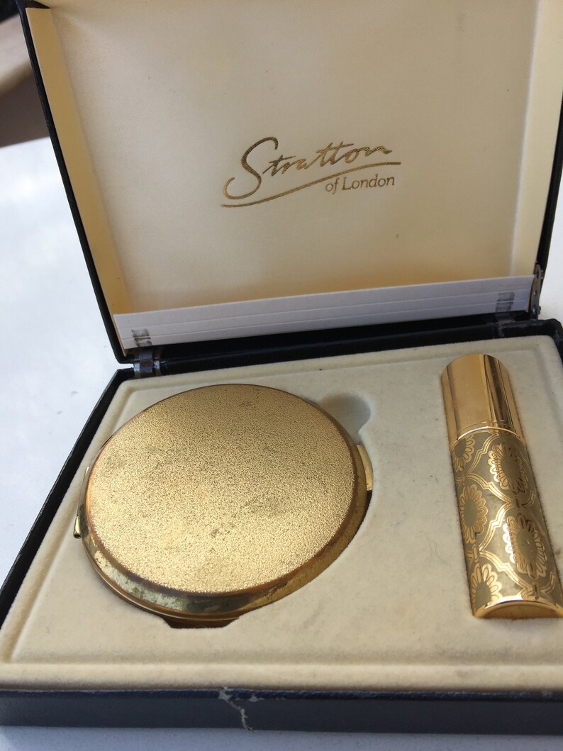 Stratton Set in Original Box Compact and Perfume Atomizer Vintage With Gold Design Hand Held ...