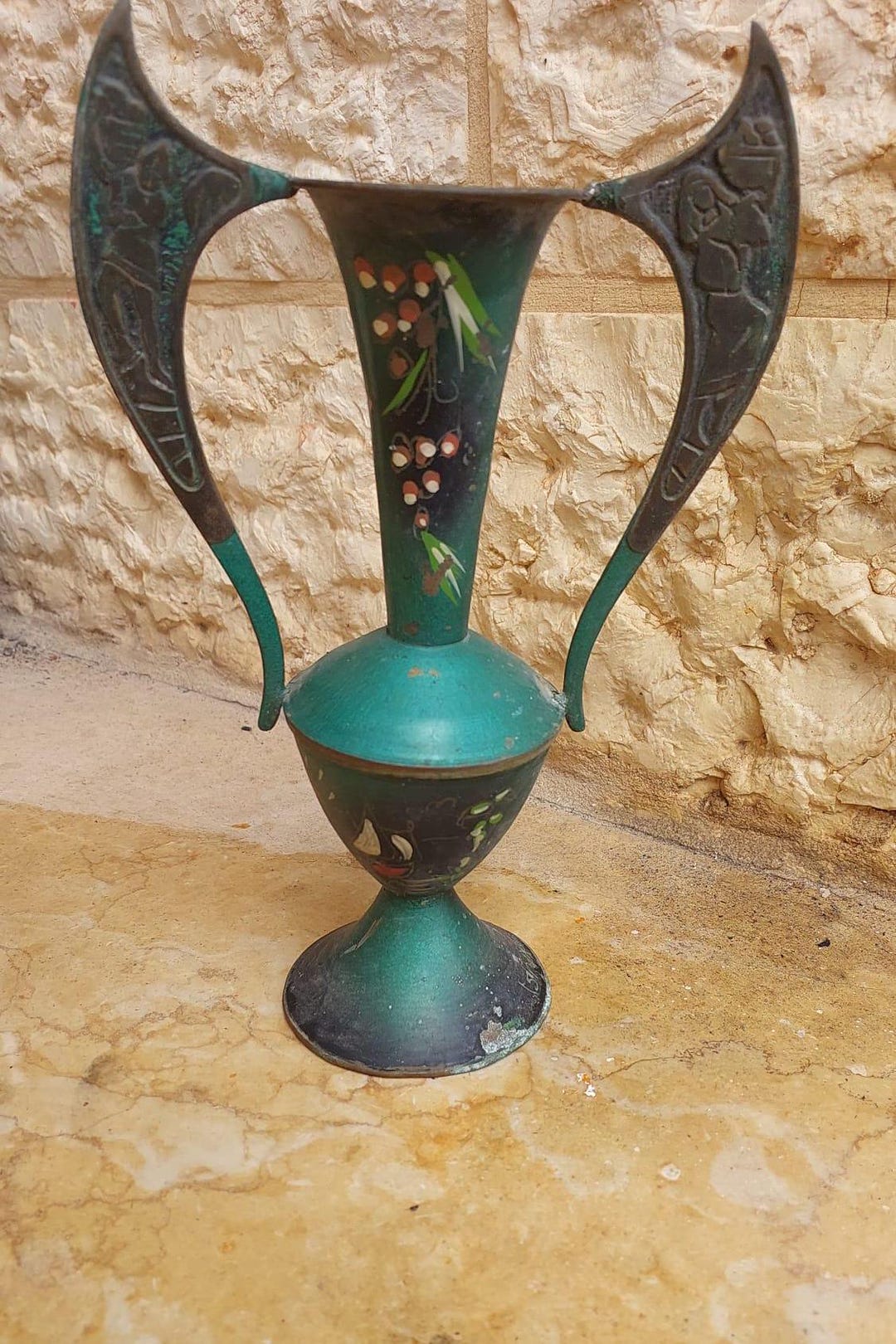 Israeli Brass and Copper Enamel Hand Painted Vase Vintage Souvenir Made ...