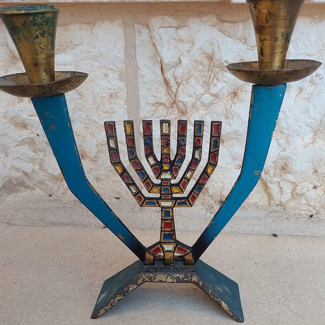 Shabbat Blue Enamel Brass Vintage Candle Holders With Hebrew Made in ...