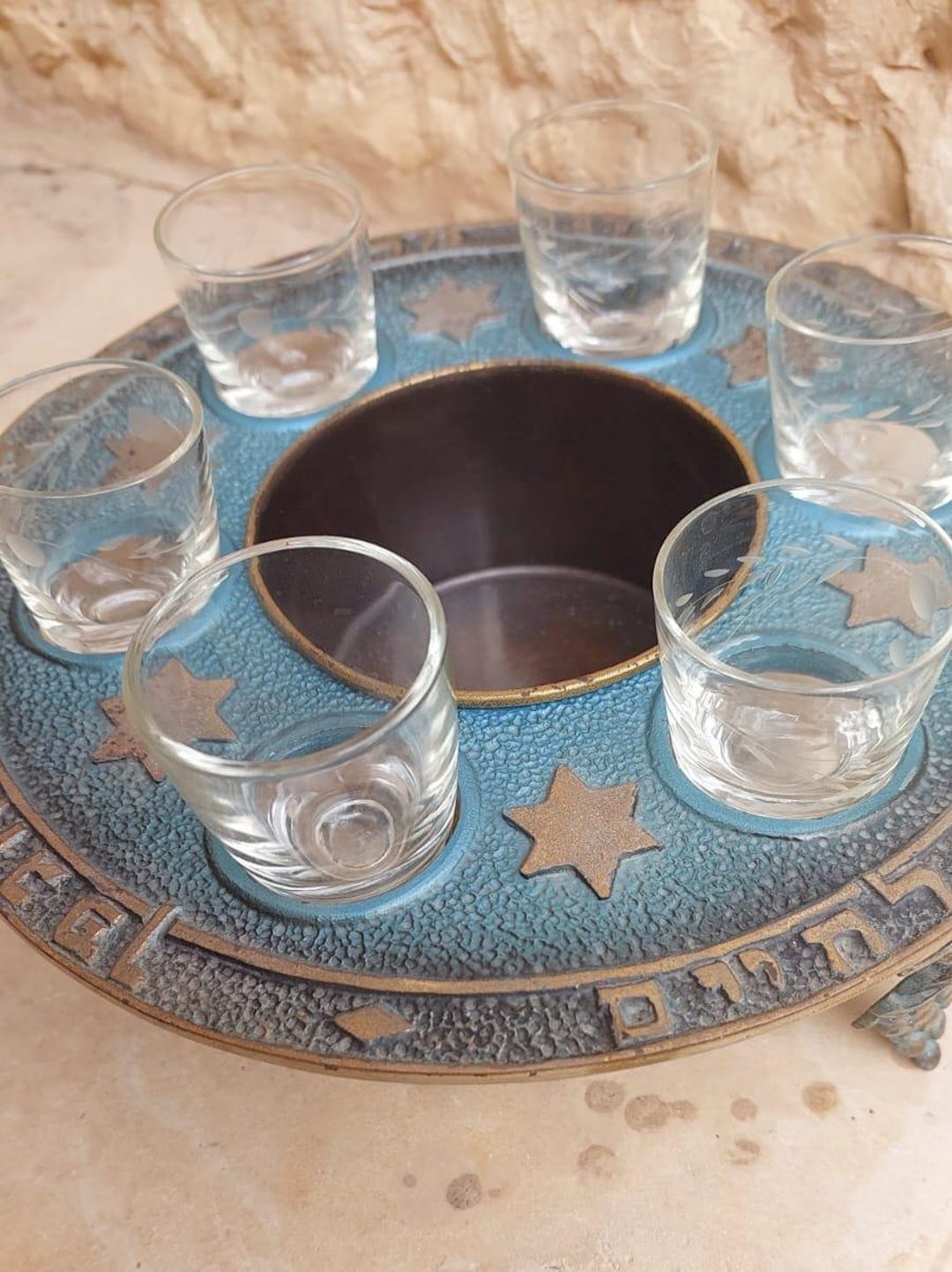 Vintage Kiddish Cups Set of Six Turquoise Blue and Brass on Heavy Tray ...