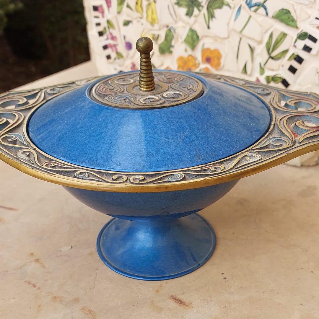 Vintage Israeli Enamel Bowl With Lid, Brass Judaica Decor - Etsy