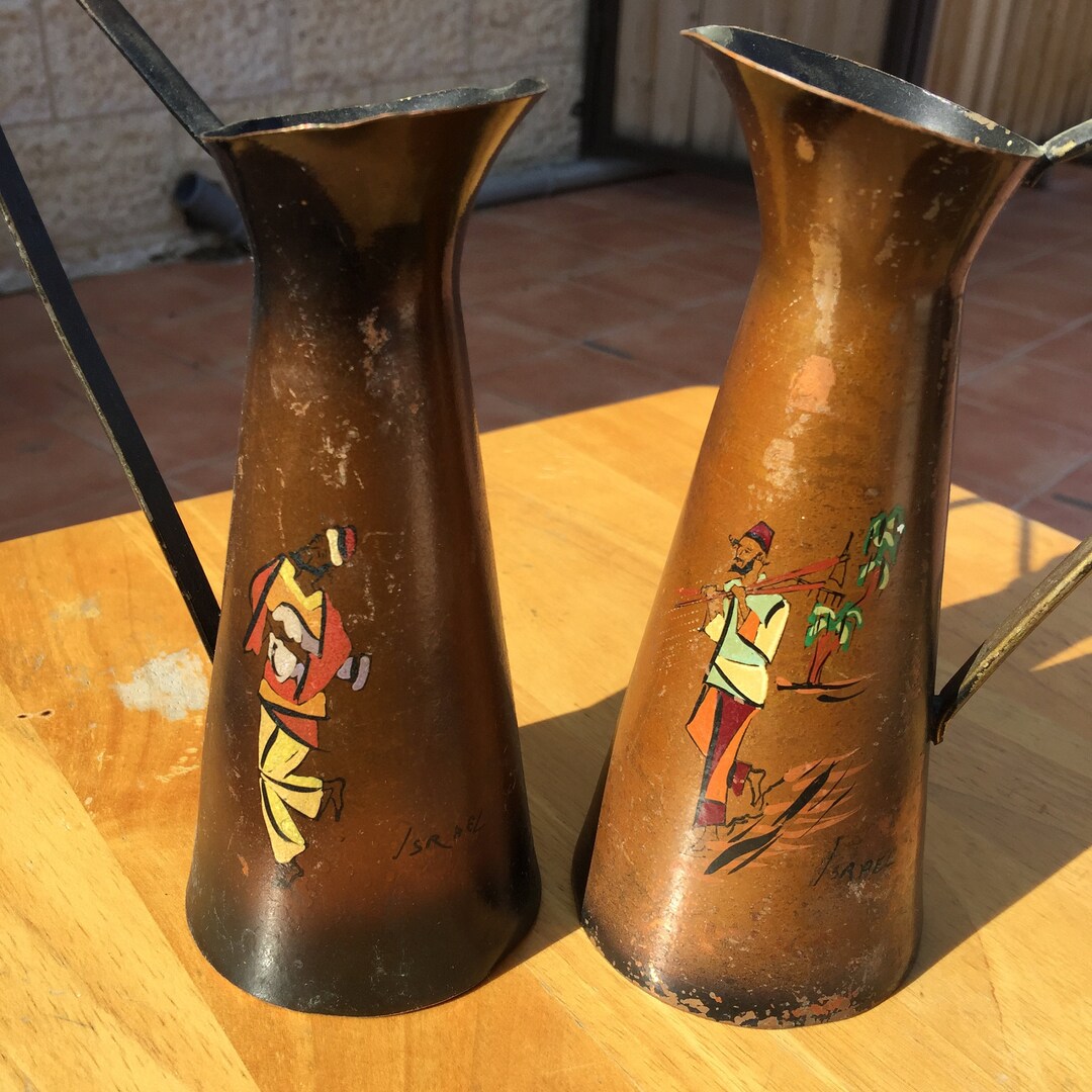 1950's Israeli Copper Hand Painted Pitchers Vintage Souvenir Designed ...