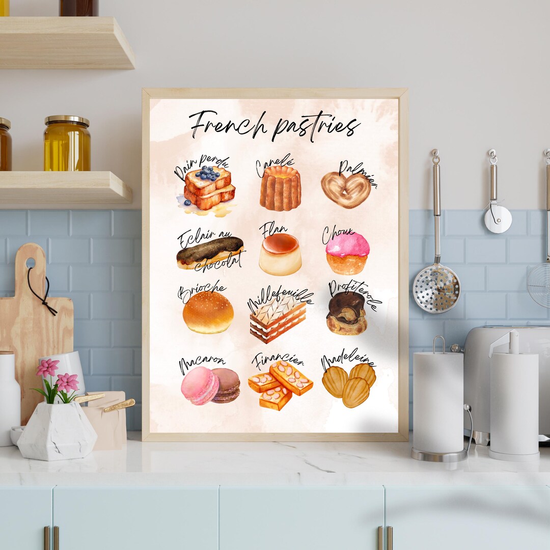 French Pastries Poster - Wall Art Print, Illustration, Kitchen Poster ...