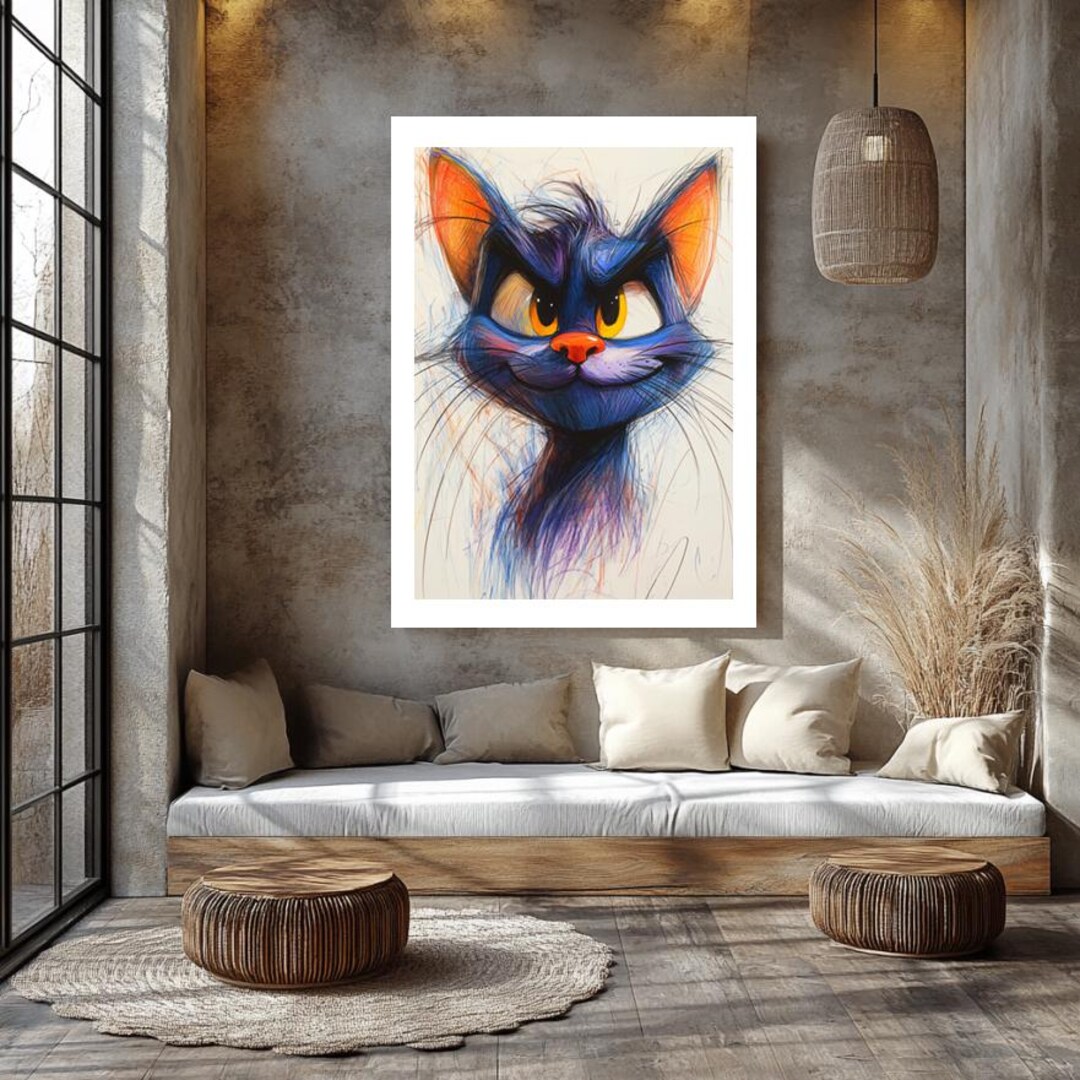 Grim Cartoon Cat - Art Print, DIY Wall Art, Abstract Animals, 300 DPI ...
