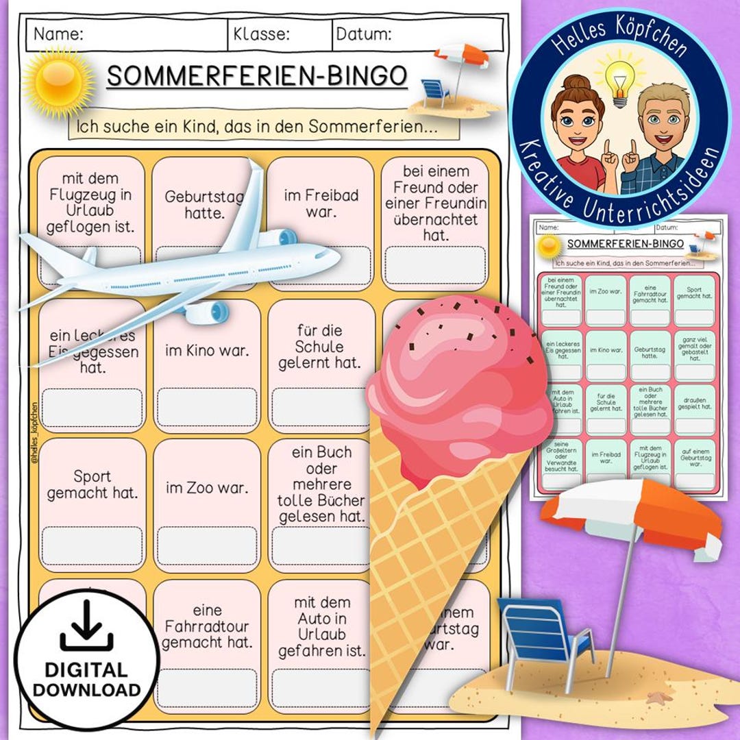 Summer Holiday Bingo Back to School – PDF DIN A4 Getting-to-know-you ...