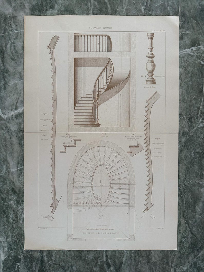 1900 - Very Large Original Lithograph - Design Drawing of French Curved ...