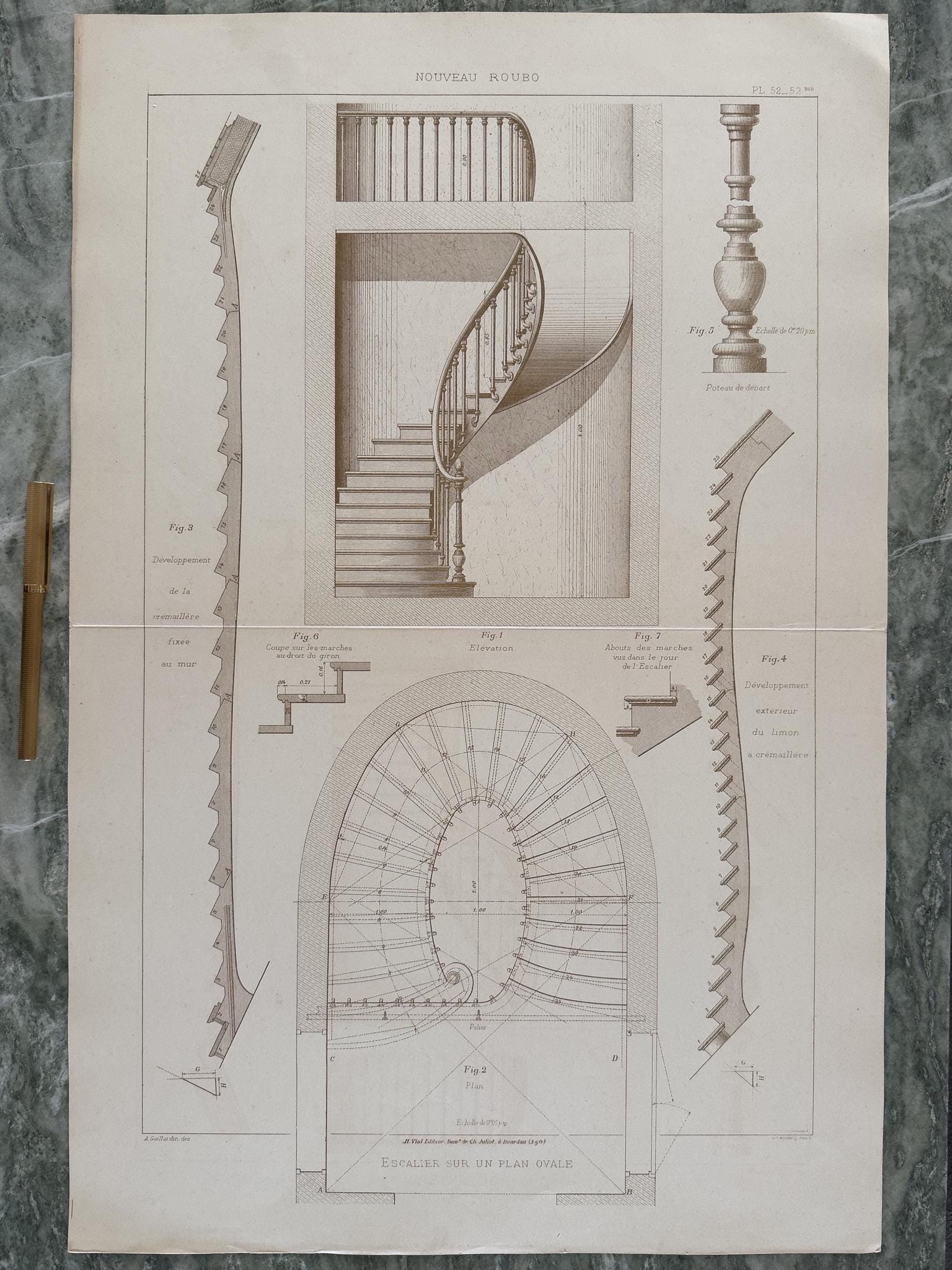 1900 - Very Large Original Lithograph - Design Drawing of French Curved ...