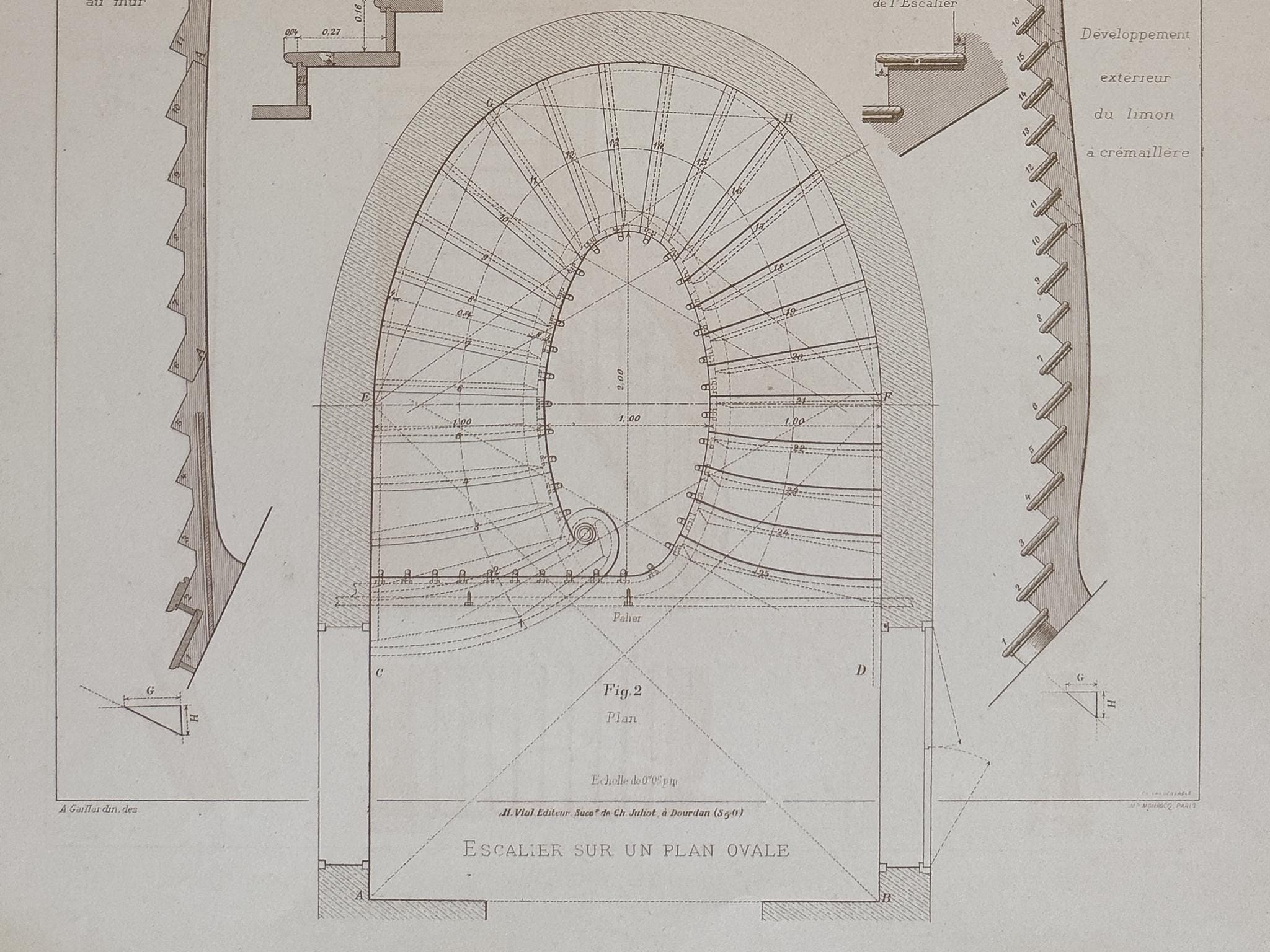 1900 - Very Large Original Lithograph - Design Drawing of French Curved ...