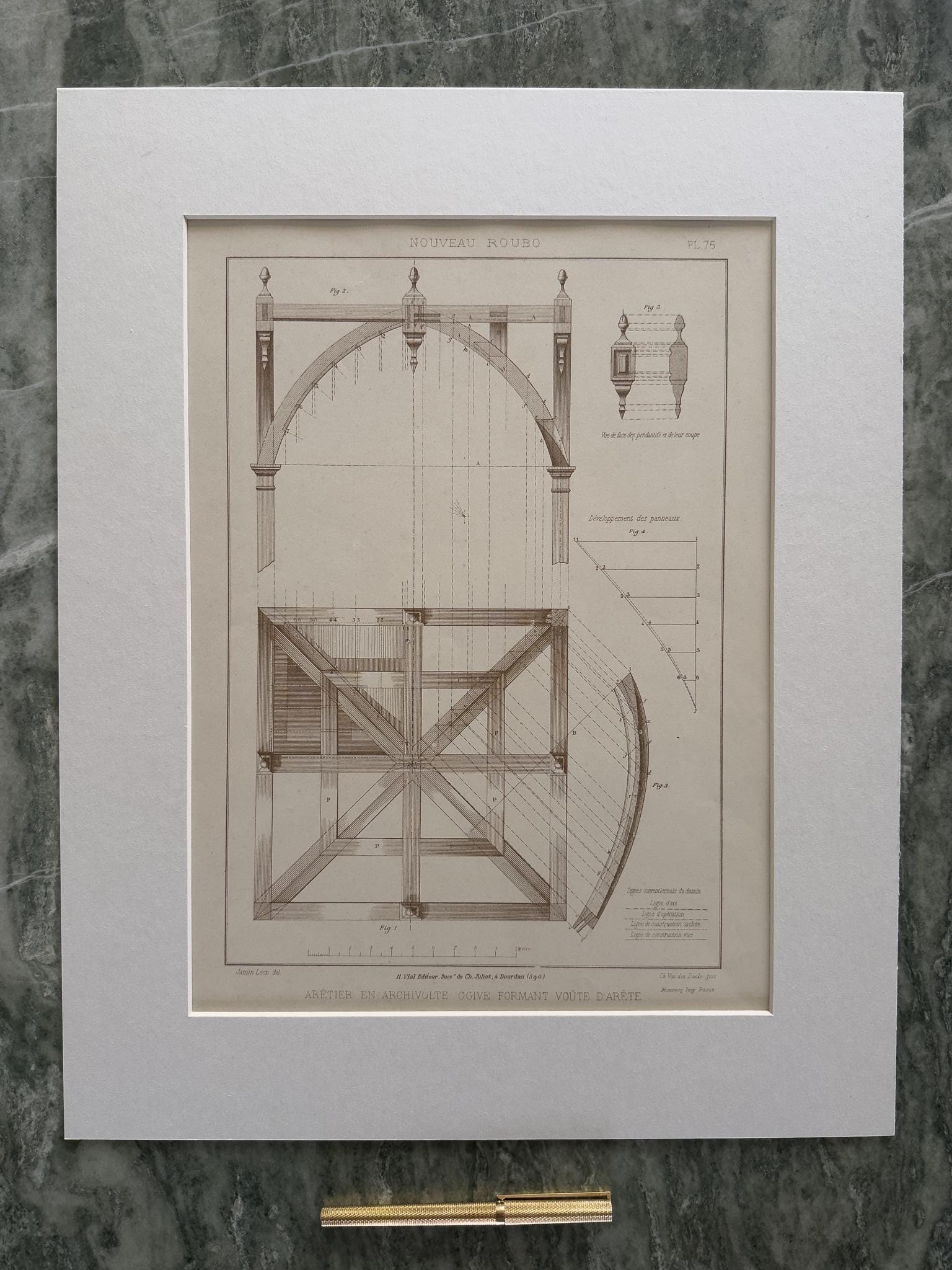 1900 - Original Lithograph of Vaulted Timber Ceiling Structure ...