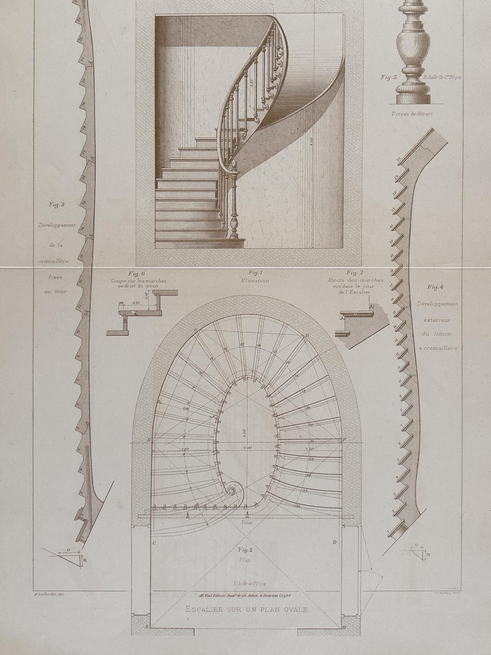 1900 - Very Large Original Lithograph - Design Drawing of French Curved ...