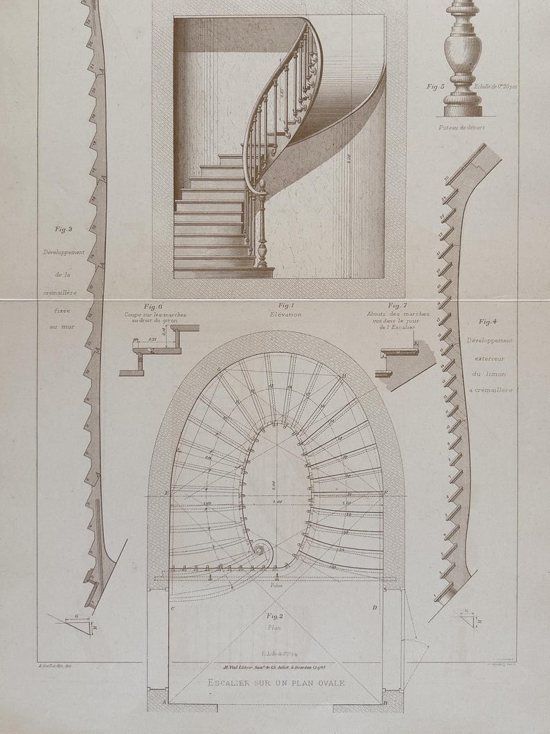 1900 - Very Large Original Lithograph - Design Drawing of French Curved ...