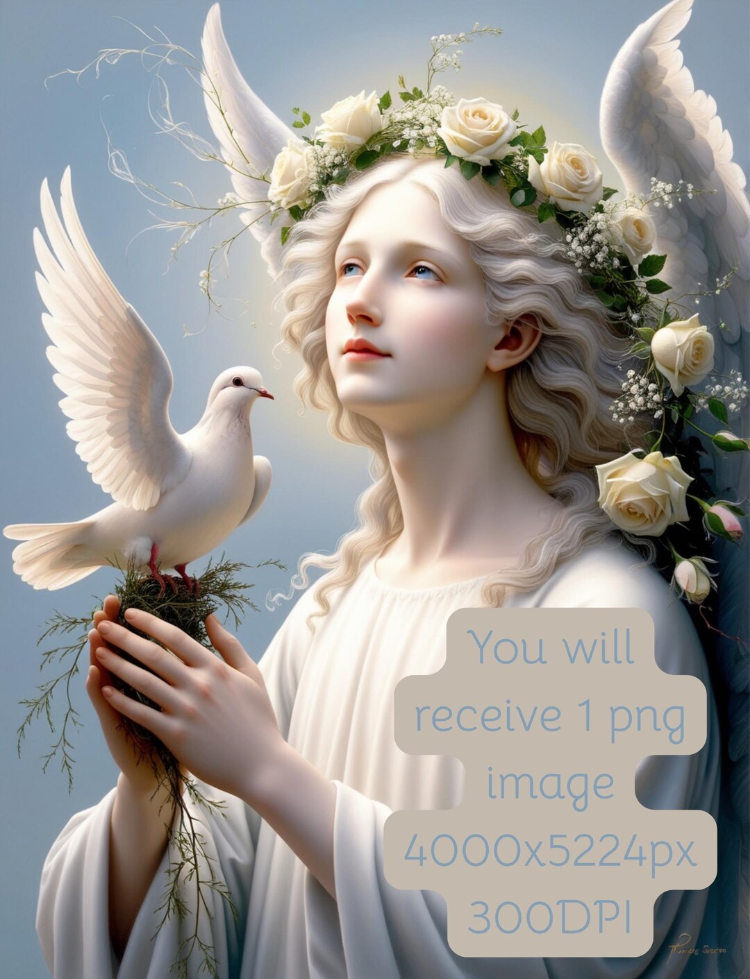 Angelic Wall Art – Digital Angel Print, White Dove & Roses, Spiritual ...