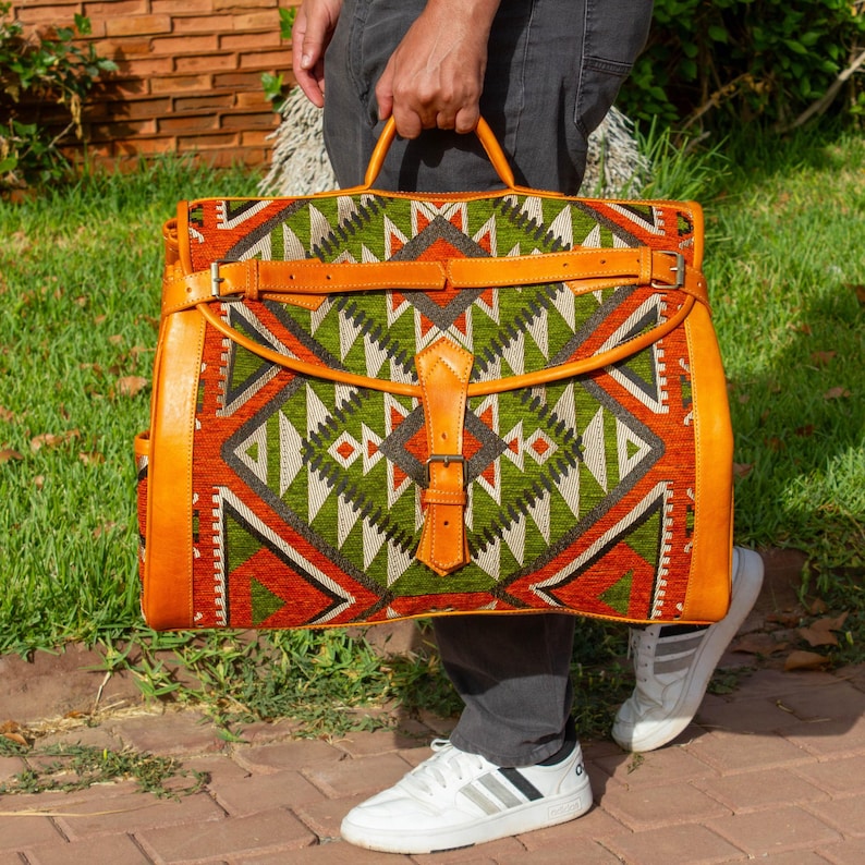 Handcrafted Large Amber Color Leather Travel Bag With Kilim Carpet ...