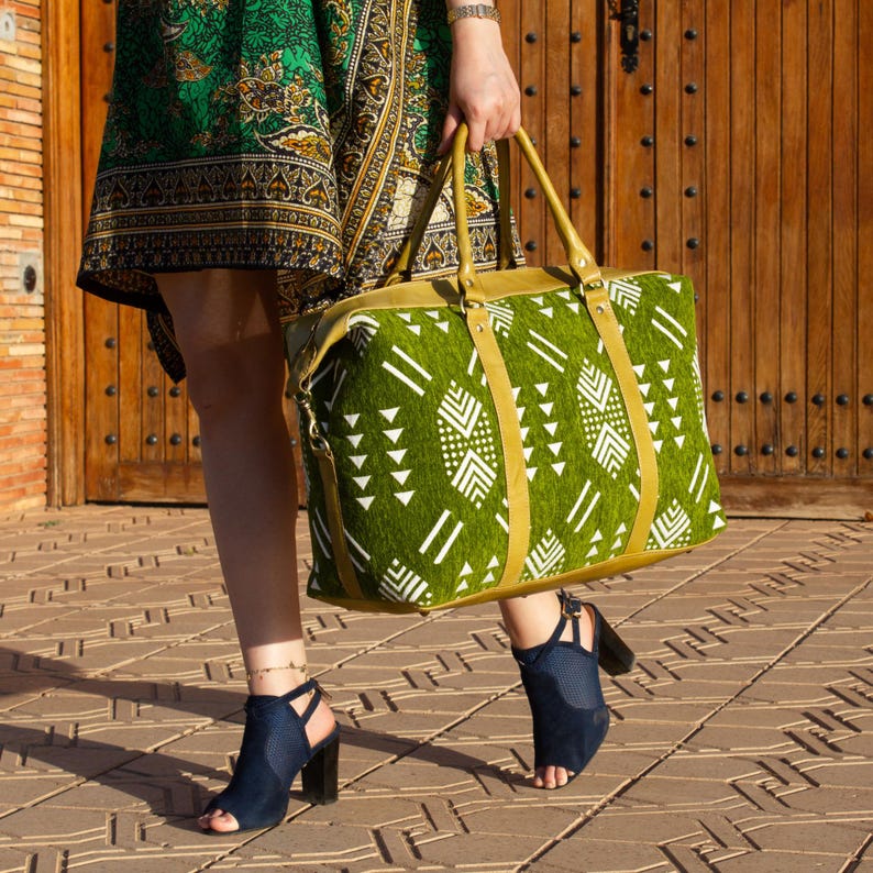 Handmade Green Kilim Travel Bag, Moroccan Carpet & Leather Weekender ...