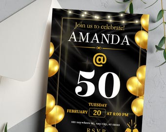 Elegant Black & Gold Birthday Invitation Template – Digital Editable ...