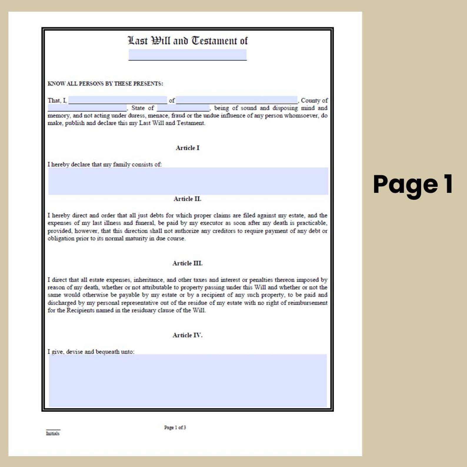 Editable Last Will and Testament Template: Printable PDF (instant ...