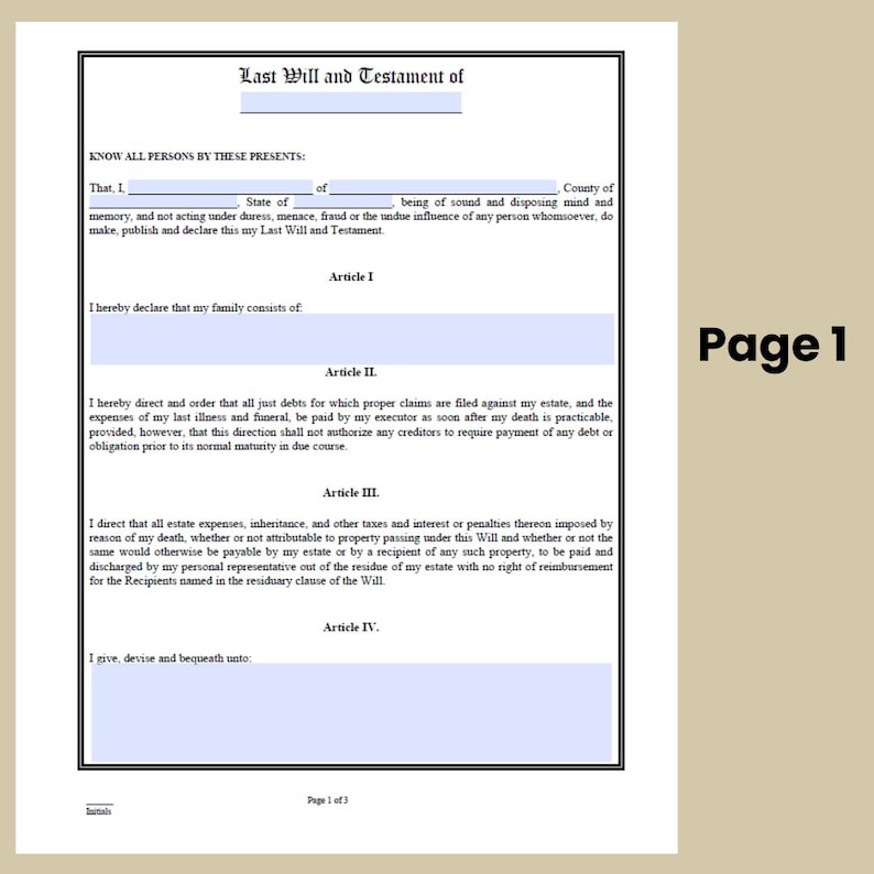 Editable Last Will and Testament Template: Printable PDF (instant ...