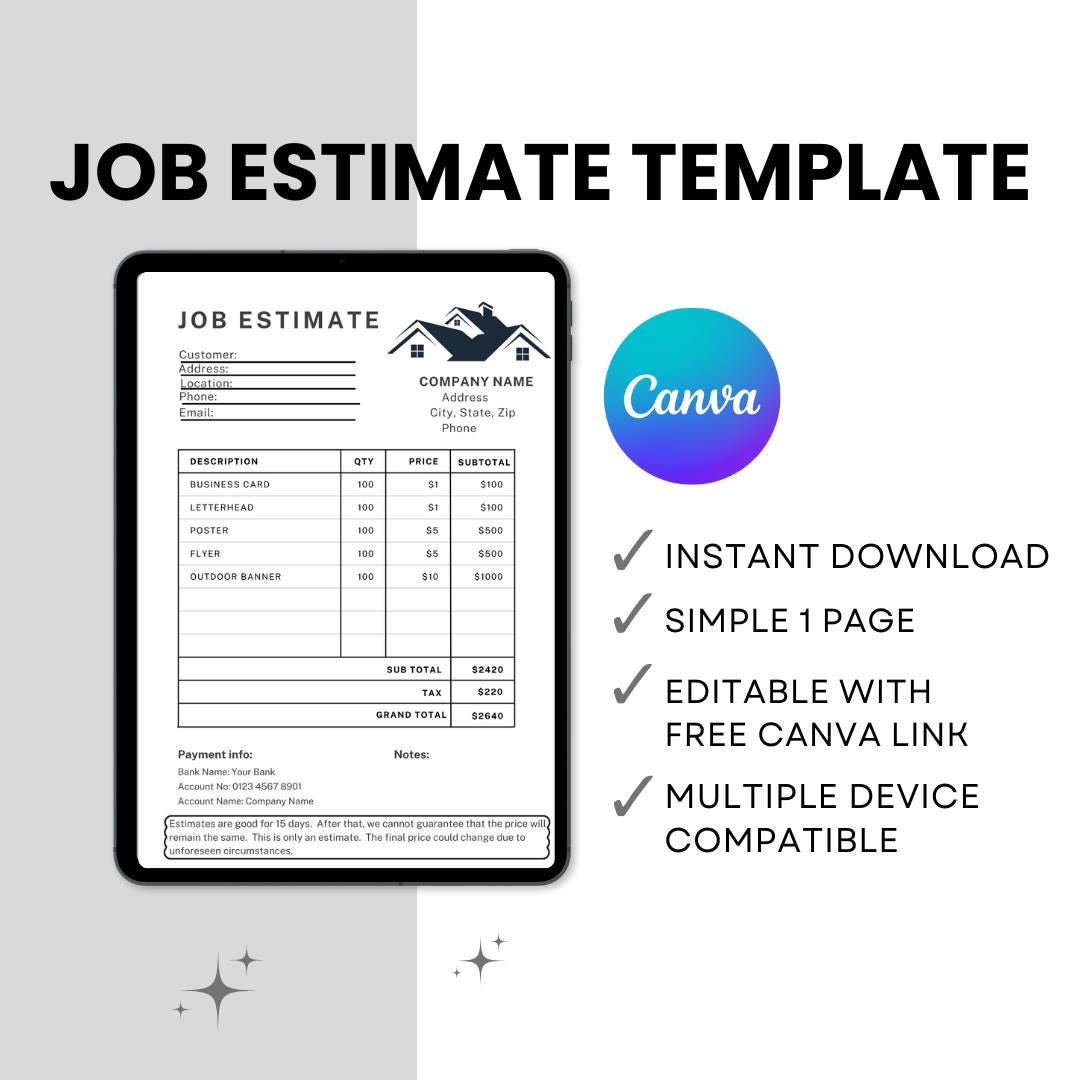 Job Estimate Template Canva: Contractor Quote Sheet (printable PDF) - Etsy