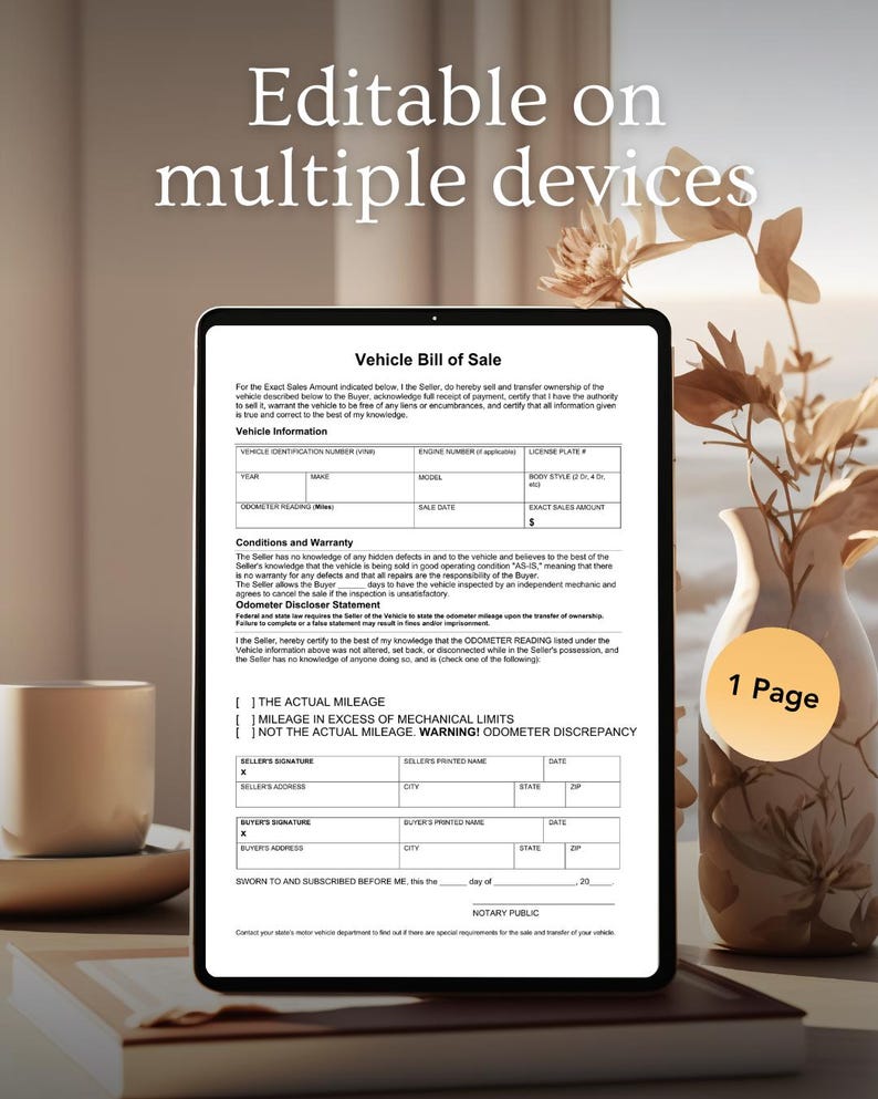 Vehicle Bill of Sale Template, Fillable PDF, Google Doc, WORD - Etsy