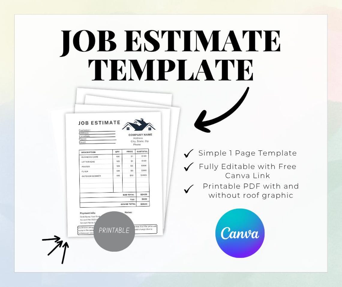 Job Estimate Template Canva: Contractor Quote Sheet (printable PDF) - Etsy