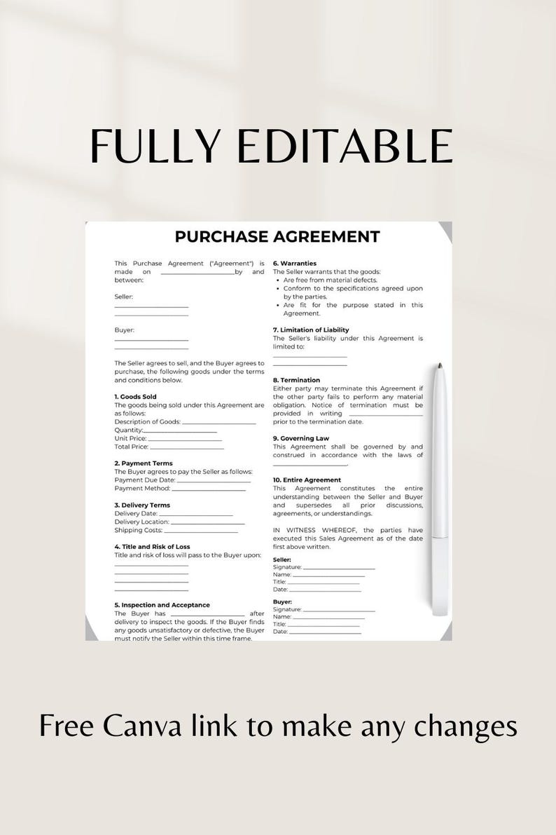 Printable Purchase Agreement Template | Editable Purchase and Sale Contract | Contract of Sales ...