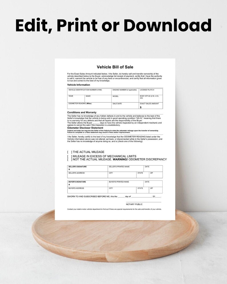 Vehicle Bill of Sale Template, Fillable Form Trailer | Auto Car Sale ...