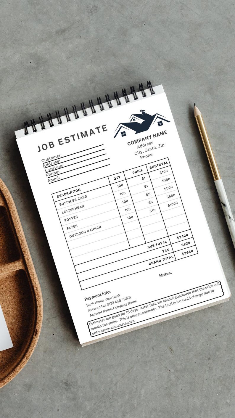 Job Estimate Template Editable PDF Canva - Contractor Invoice Form ...